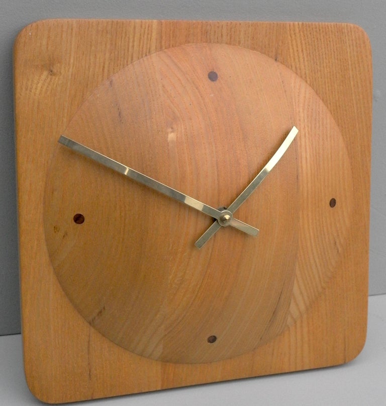 Danish Mid-Century Modern Pine and Brass Wall Clock For Sale at 1stDibs