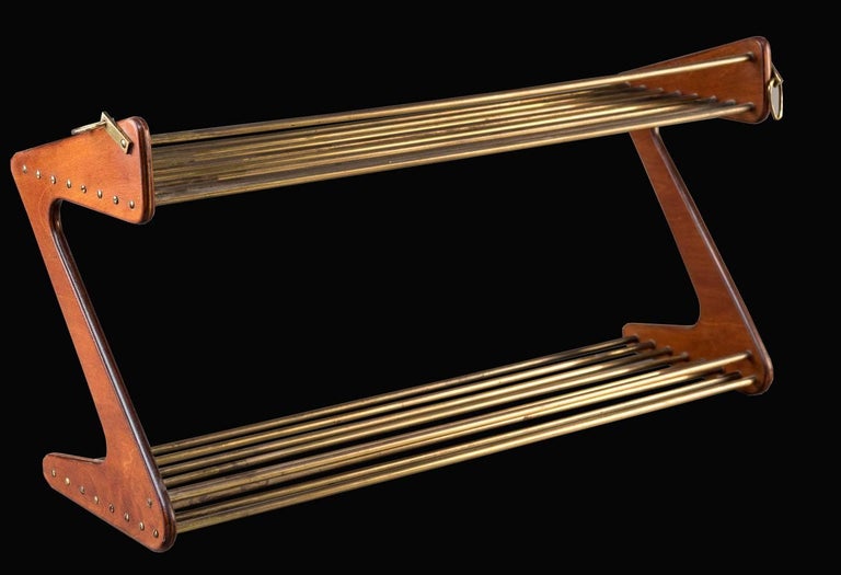 Danish Mid-Century Modern Teak and Brass Rod Wall Hanging Shoe Rack at ...