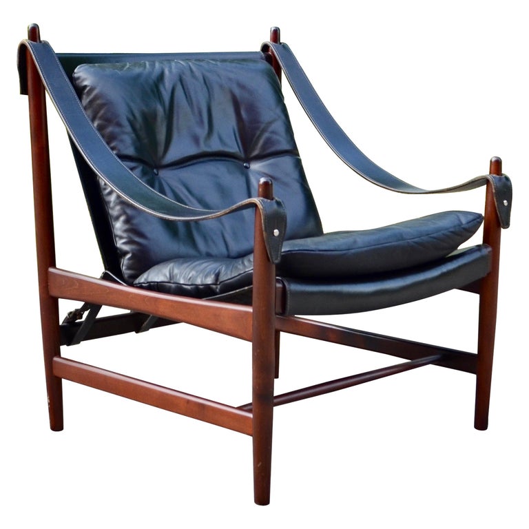 Danish Modern Black Saddle Leather Hunting Safari Chair For Sale at 1stDibs