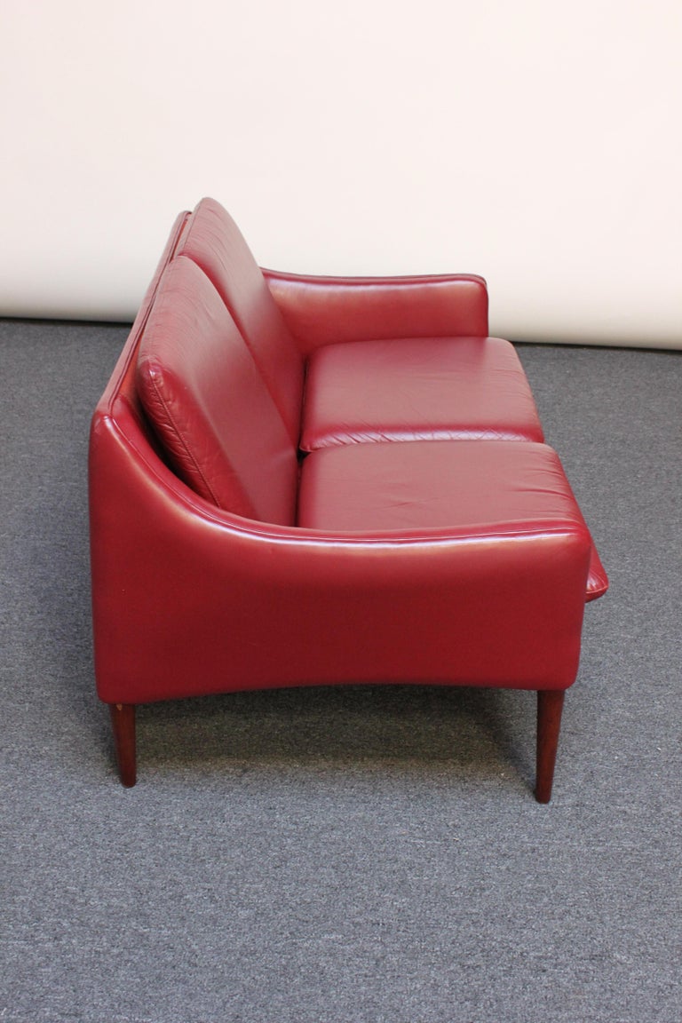 Danish Modern Cranberry Leather Settee by Hans Olsen For Sale at 1stDibs