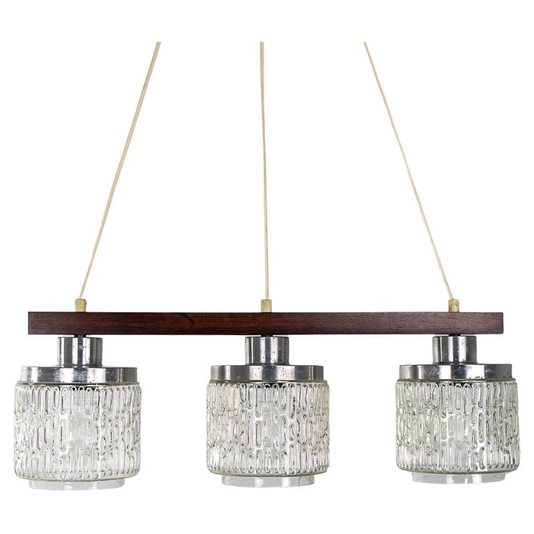 Danish Modern Glass and Rosewood Three Pendant Light For Sale at 1stDibs