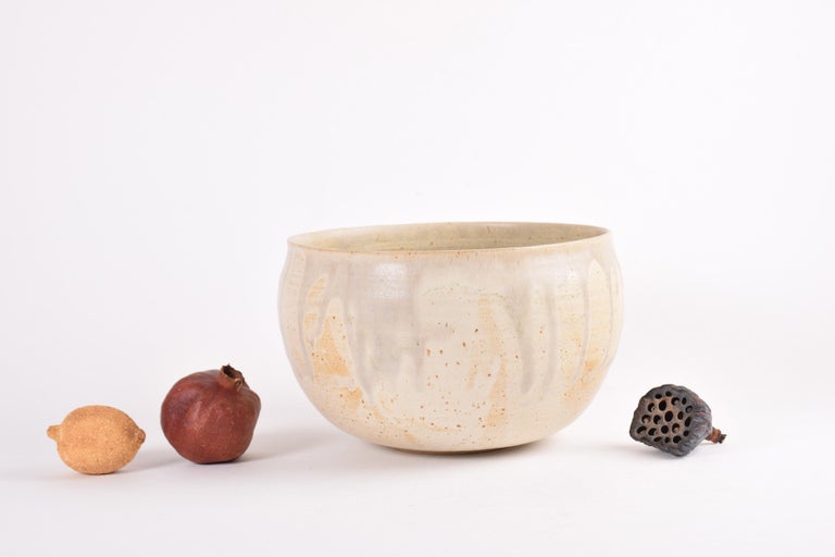 Danish Modern Large Tall Stoneware Bowl with Beige Drip Glaze Signed ...