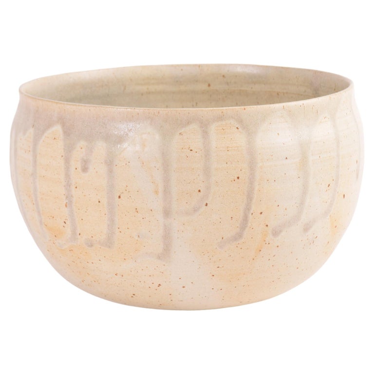 Danish Modern Large Tall Stoneware Bowl with Beige Drip Glaze Signed ...