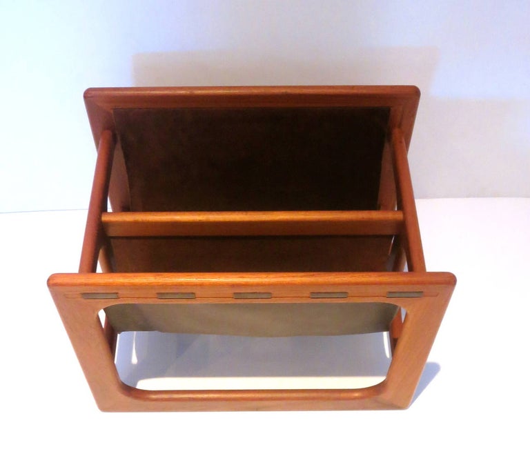 Danish Modern Leather and Teak Sculpted Double Magazine Rack For Sale ...