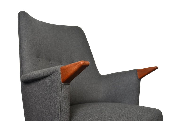 Danish Modern Lounge Chair with Pointy Teak Paws in Grey Italian Wool ...