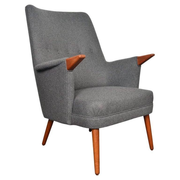 Danish Modern Lounge Chair with Pointy Teak Paws in Grey Italian Wool ...