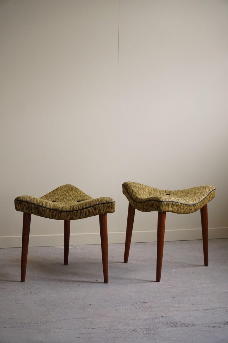 Danish Modern, Pair of Tripod Stools with Teak Legs and Fabric, 1960s ...