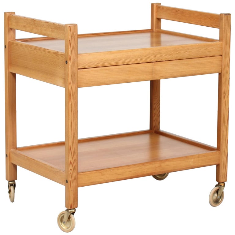 Danish Modern Pine Wood Bar Trolley on Wheels with Two Drawers, Denmark ...