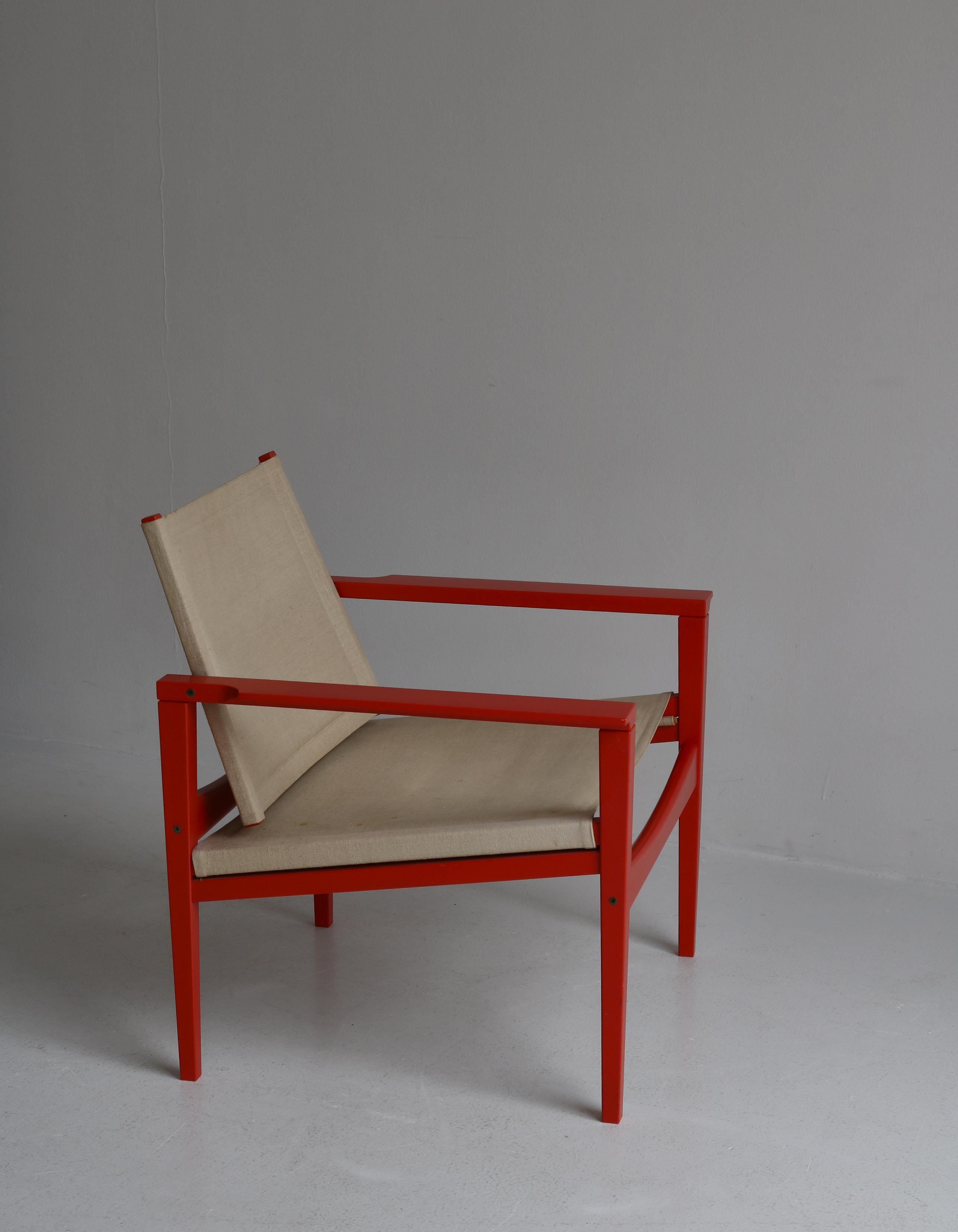 Danish Modern Red Lounge Chair with Canvas Seating by Arne Wahl Iversen ...