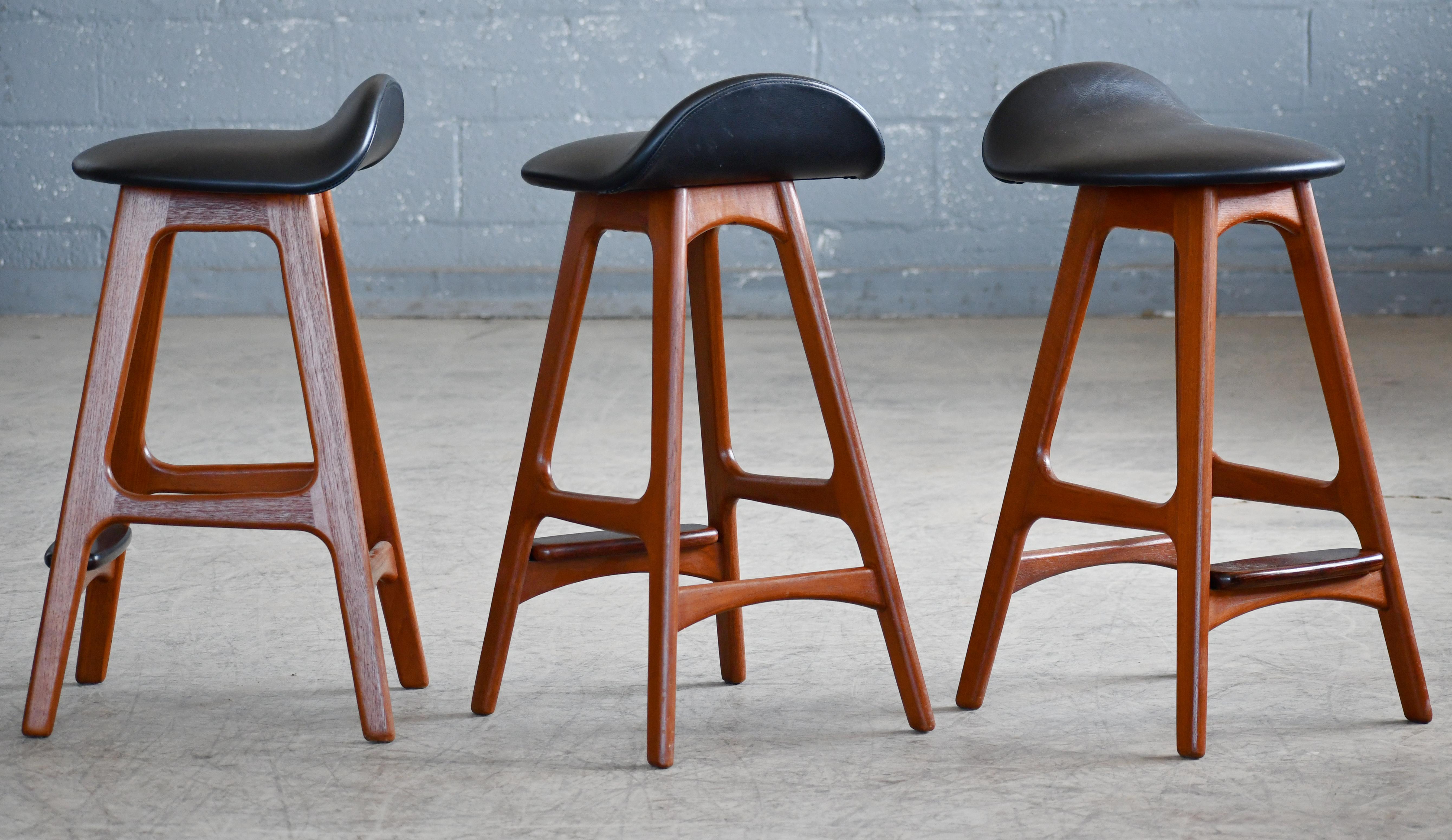 Danish Modern Sculpted Teak and Leather Bar Stools by Erik Buch for ...