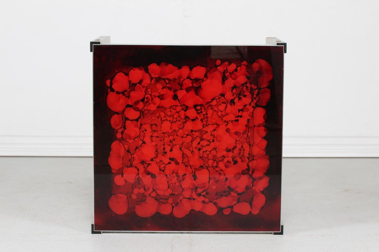 Danish Modern Square Glass Table with Red Decoration and Aluminium ...