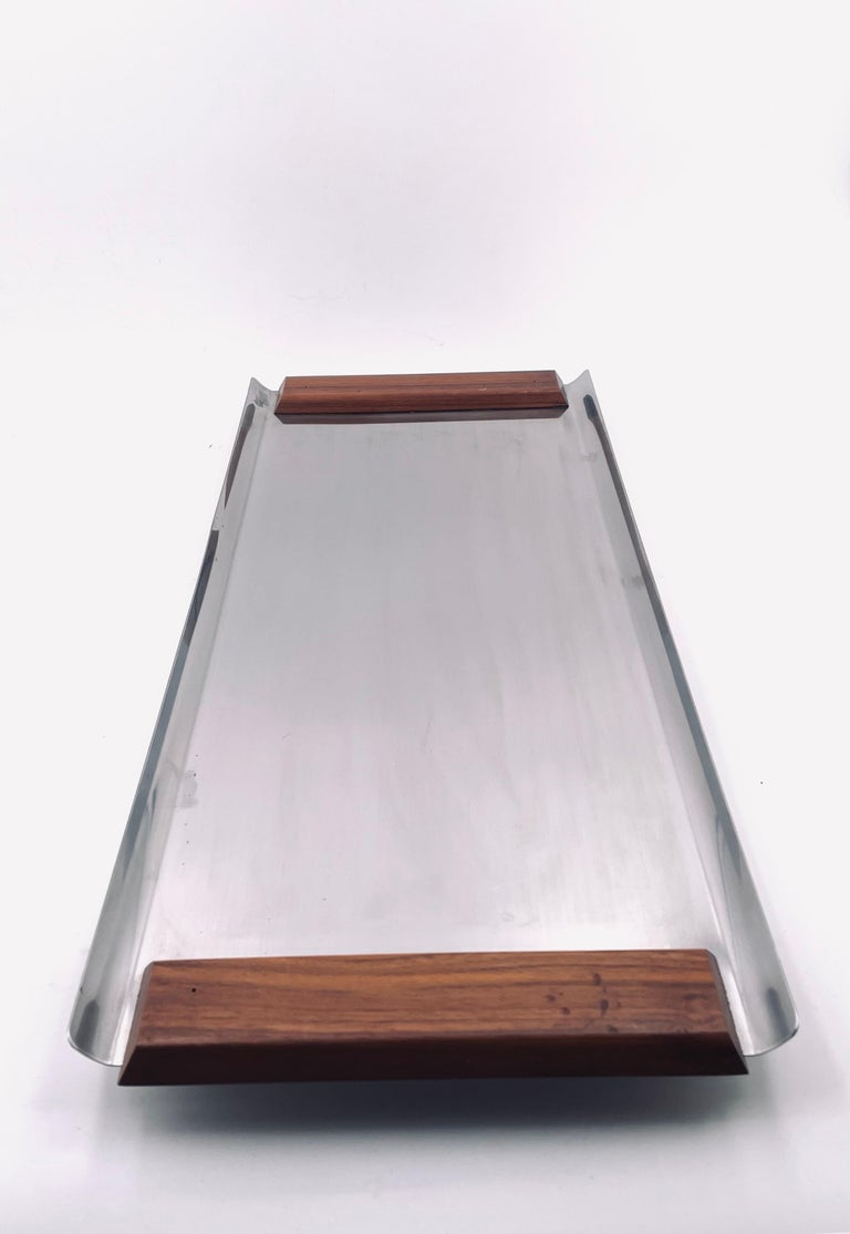 Danish Modern Stainless Steel and Teak Handles Serving Tray For Sale at ...