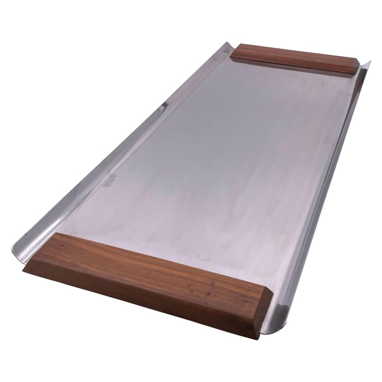 Danish Modern Stainless Steel and Teak Handles Serving Tray For Sale at ...