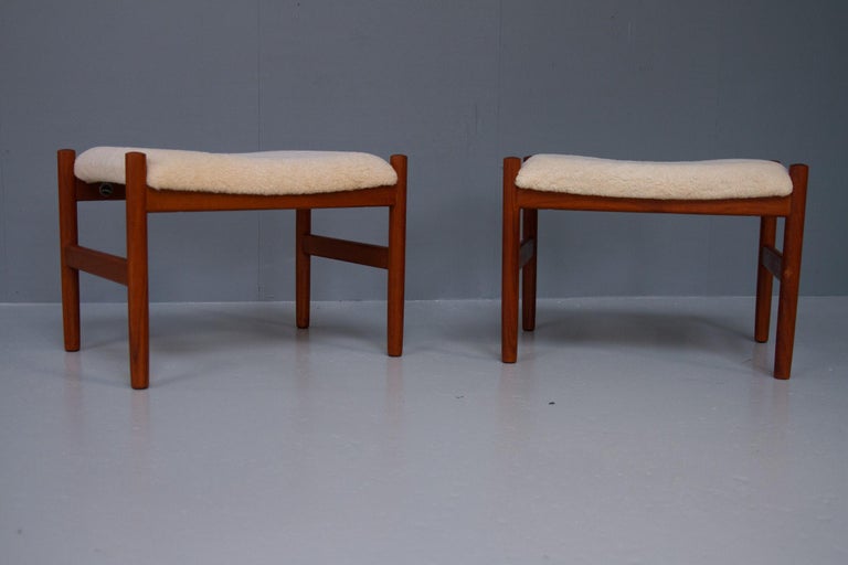 Danish Modern Teak and Lambskin Ottomans by Hugo Frandsen, 1960s, Set ...
