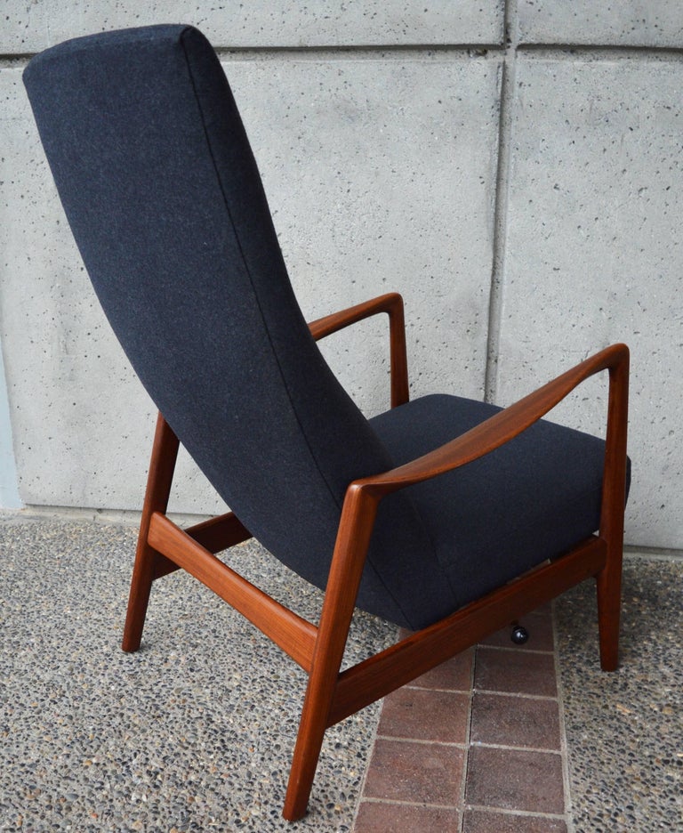 Danish Modern Teak Rocking Chair / Recliner and Ottoman, Charcoal Wool ...