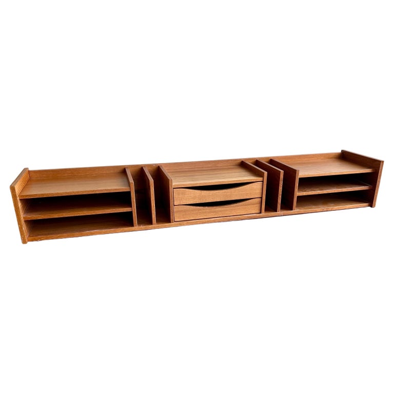 Danish Modern Teak x Long Desk Top Organizer with Double Drawer For ...