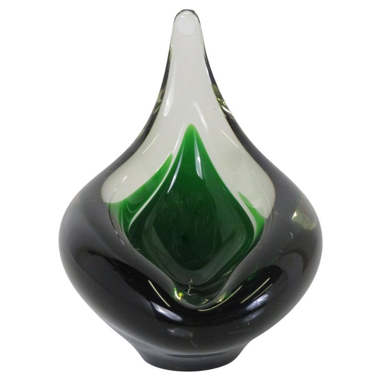Danish Modern Teardrop Dark Green and Clear Glass Vessel Per Luken ...