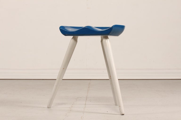 Danish Modern Three-Legged Milking Stool Pine Wood Blue and White Paint ...