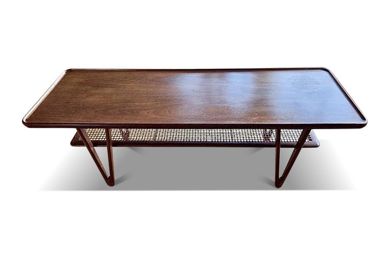 Danish Modern V-legged Teak + Cane Coffee Table For Sale at 1stDibs