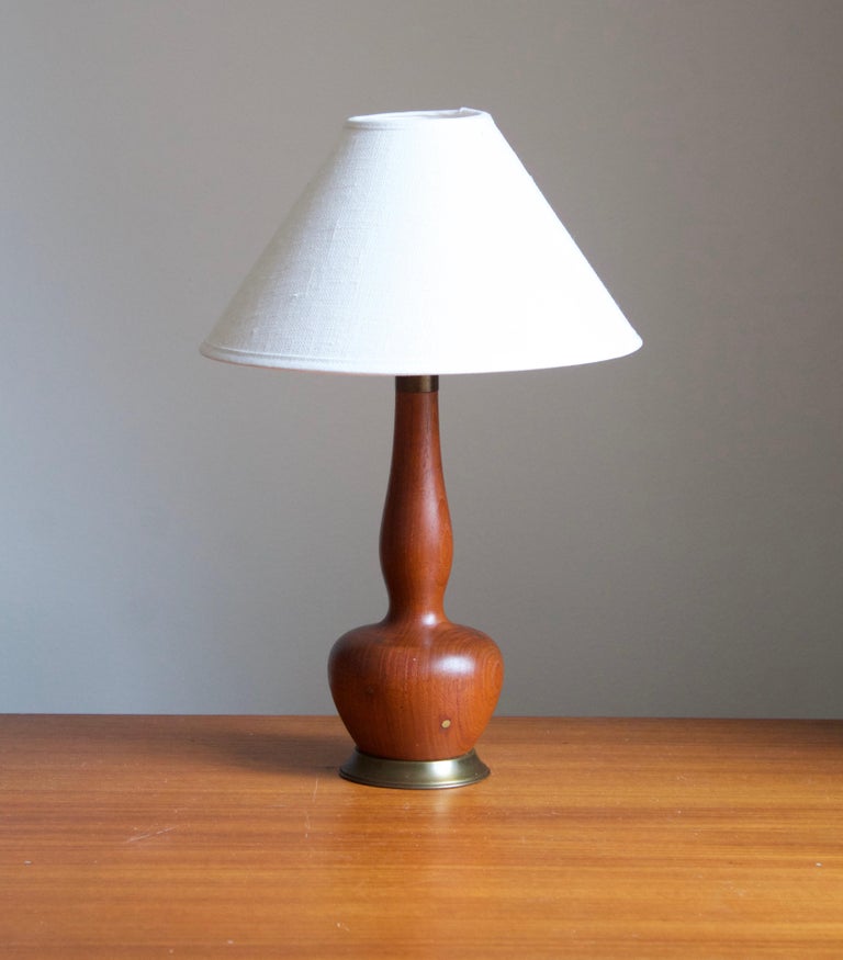 Danish Modernist Designer, Organic Table Lamp, Teak, Brass Inlays ...