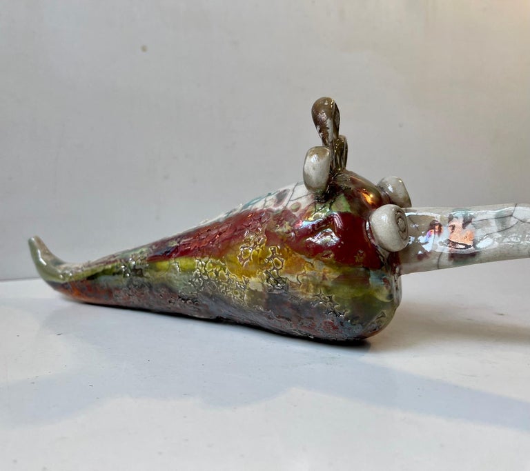 Danish Naive Fantasy Swordfish in Raku Burnt Stoneware, 2000s at 1stDibs