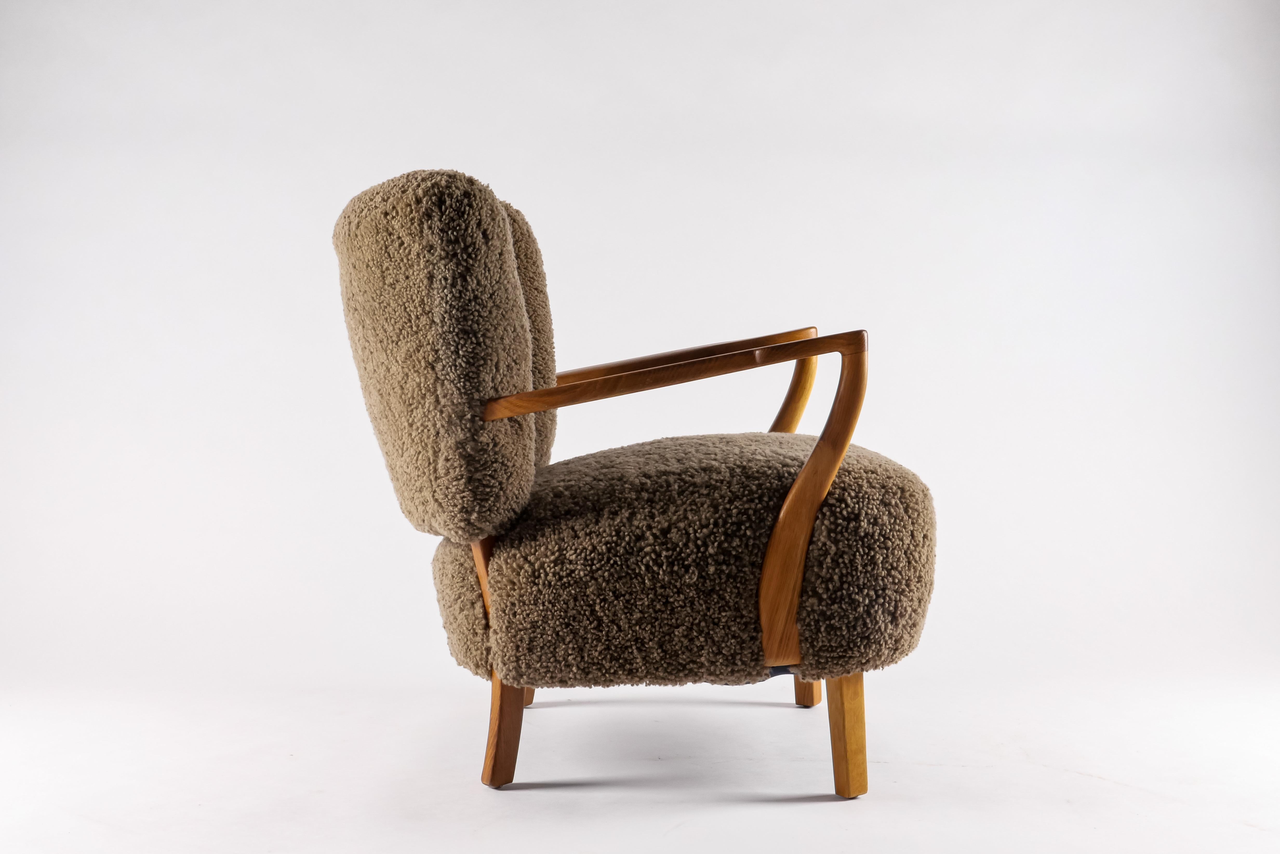 Danish Oak and Shearling Lounge Chair 1940s For Sale at 1stDibs