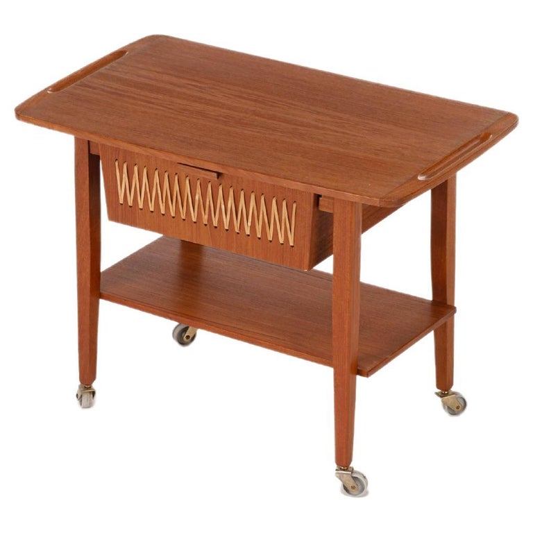 Danish Serving Trolley in Teak and Rattan, 1960s For Sale at 1stDibs