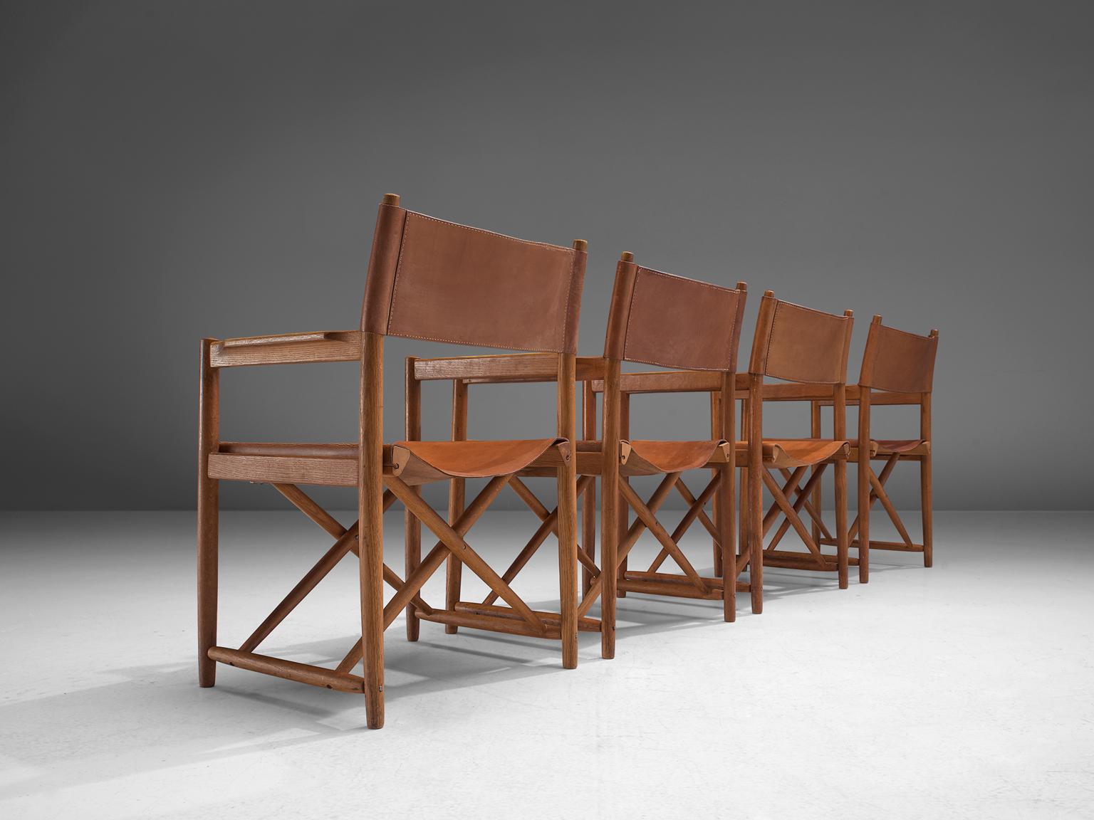 Danish Set of Four Safari Chairs in Cognac Leather and Oak at 1stDibs ...