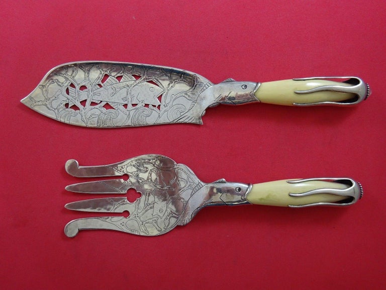 Danish Silver Fish Set 2pc Hammered with Engraved Stylized Jellyfish ...