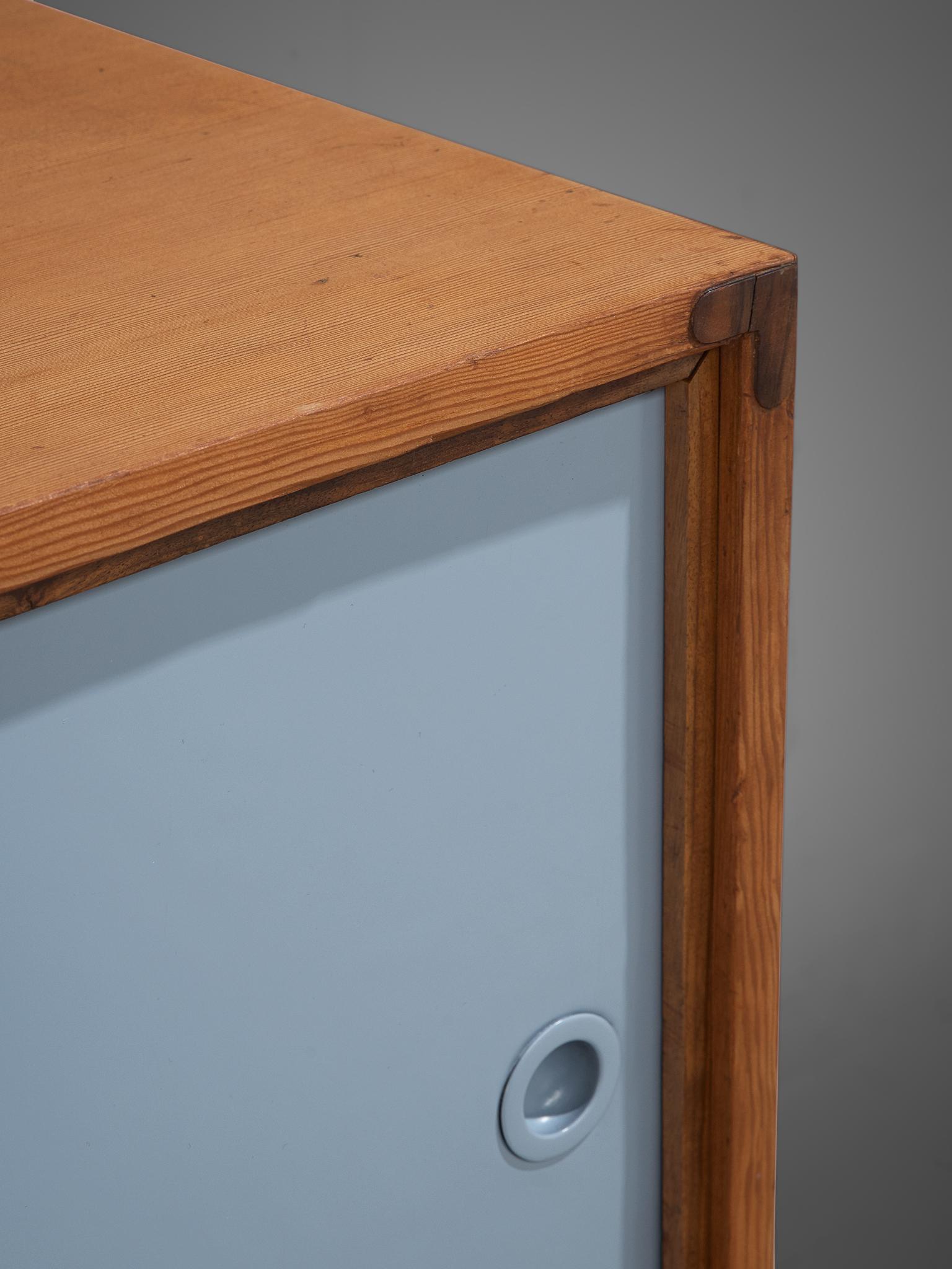 Danish Solid Pine Cabinets with Light Blue Sliding Doors For Sale at ...
