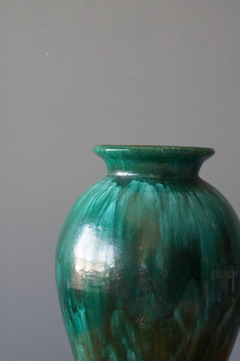 Danish Studio Potter, Floor Vase, Green Glazed Earthenware, Denmark, c. 1940s For Sale at 1stDibs