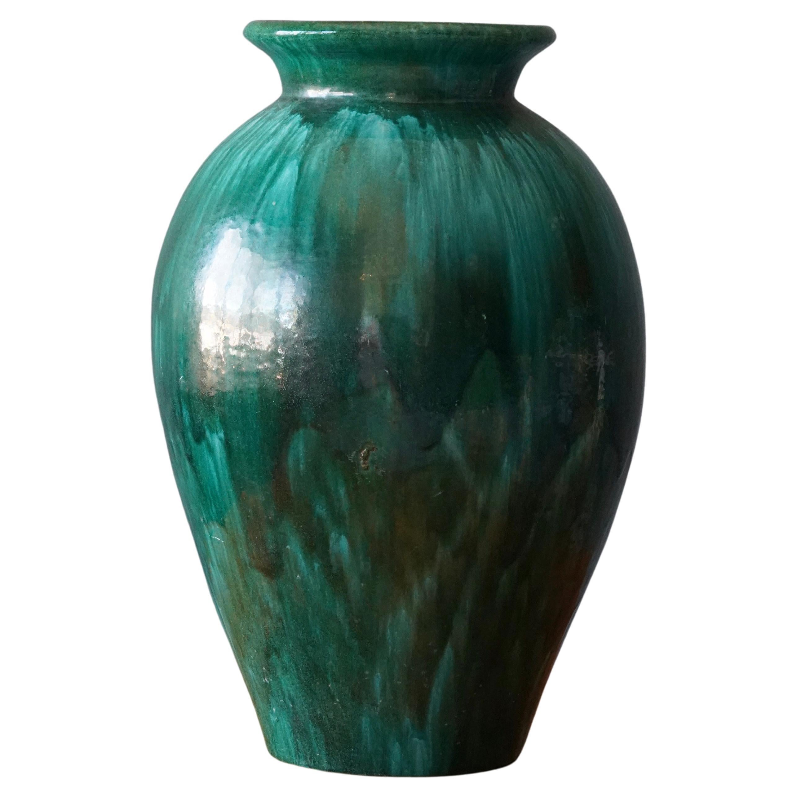 Danish Studio Potter, Floor Vase, Green Glazed Earthenware, Denmark, c. 1940s For Sale at 1stDibs