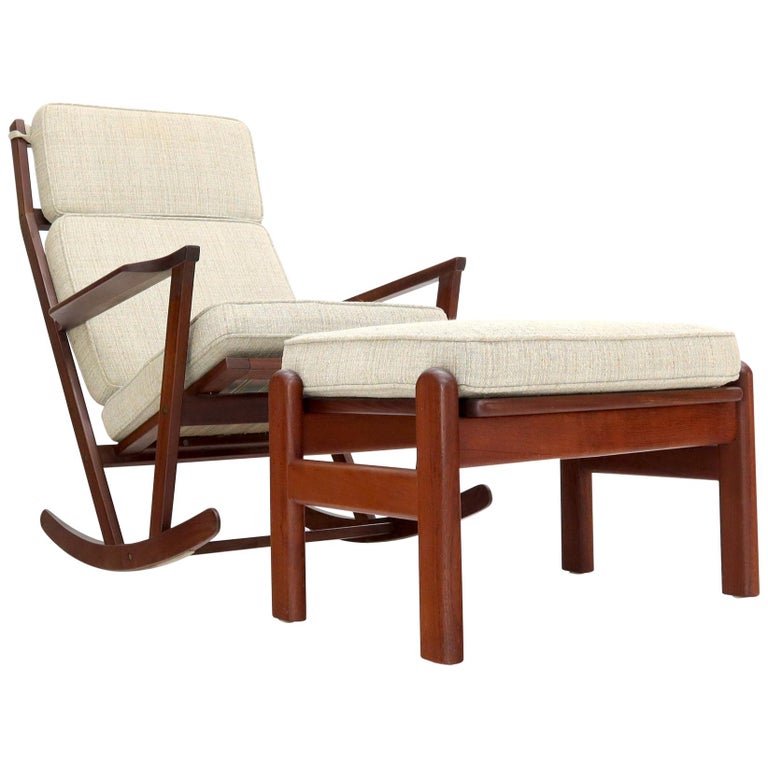 Danish Teak Mid-Century Modern Lounge Rocking Chair with Ottoman at 1stDibs