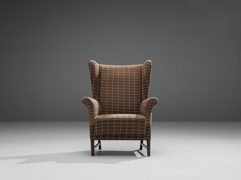 Danish Wingback Chair in Brown Checkered Upholstery at 1stDibs ...