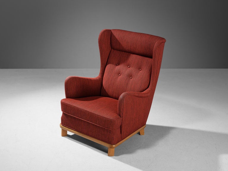 Danish Wingback Chair in Red Upholstery For Sale at 1stDibs
