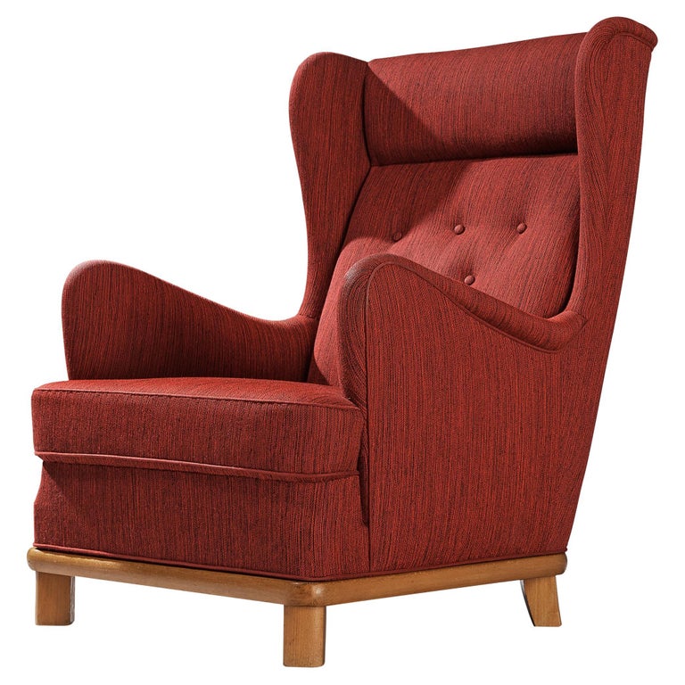 Danish Wingback Chair in Red Upholstery For Sale at 1stDibs