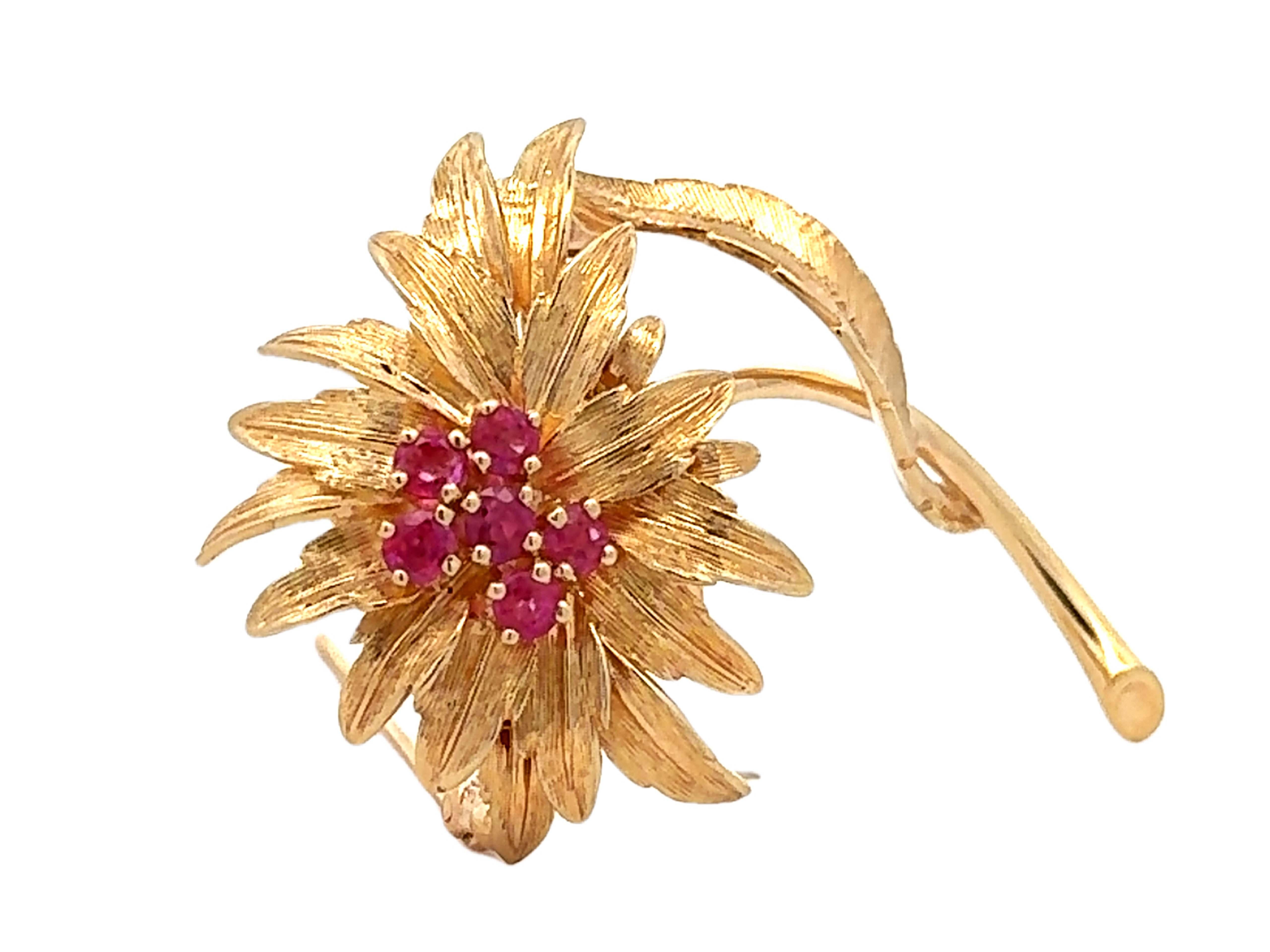 Dankner Ruby Flower Gold Brooch 14k Yellow Gold For Sale at 1stDibs