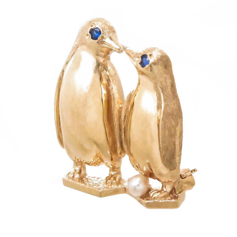 Dankner Yellow Gold and Gem Set Penguins Brooch at 1stDibs