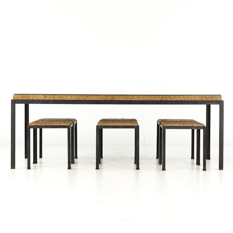 Danny Ho Fong Mid Century Iron and Cane Dining Table with 6 Stools For ...