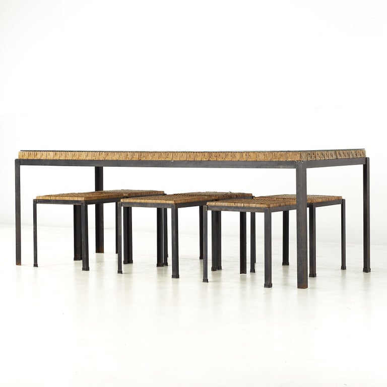 Danny Ho Fong Mid Century Iron and Cane Dining Table with 6 Stools For ...