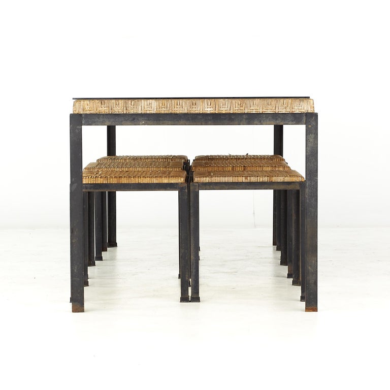 Danny Ho Fong Mid Century Iron and Cane Dining Table with 6 Stools For ...