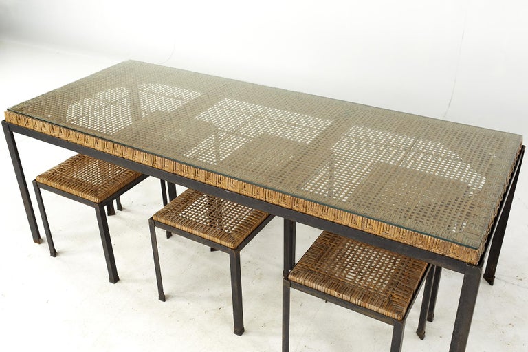 Danny Ho Fong Mid Century Iron and Cane Dining Table with 6 Stools For ...