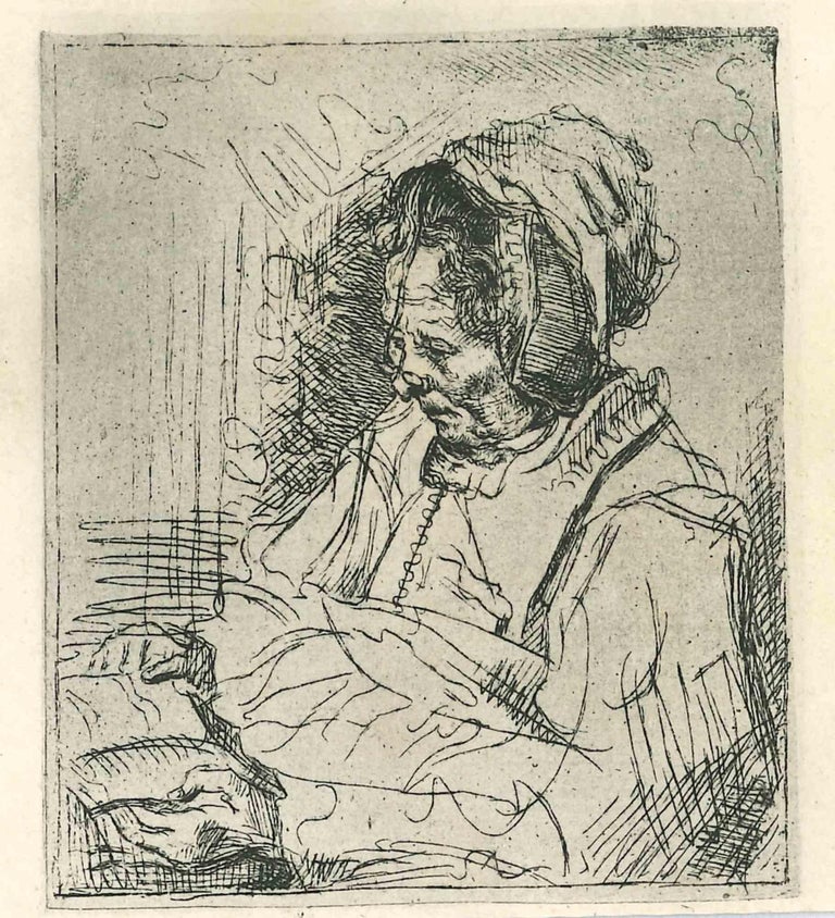 Reading Woman - Etching after Rembrandt - 19th Century For Sale at 1stDibs