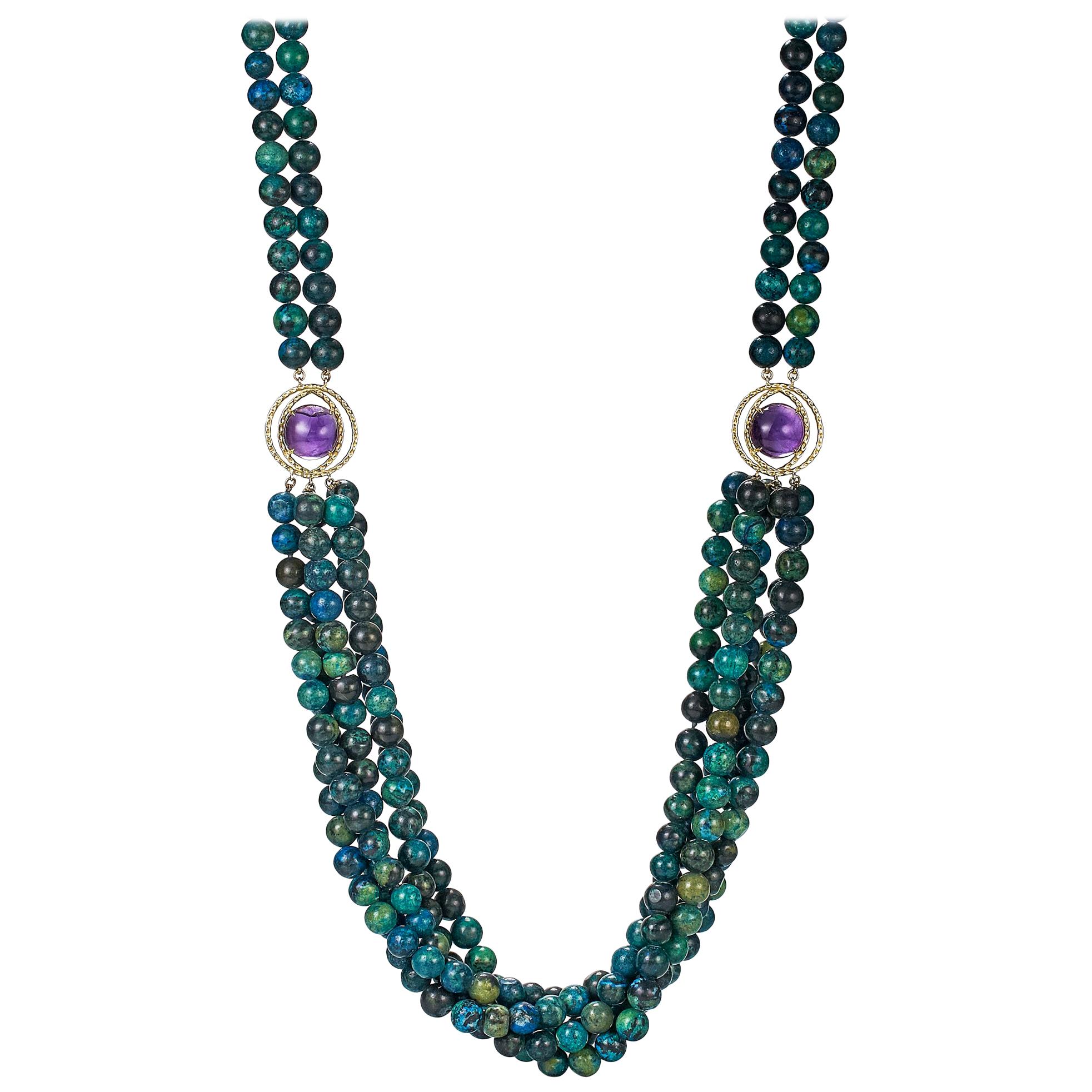 Daria de Koning Long Amethyst Cabochon, Azure-Malachite Bead Necklace ...