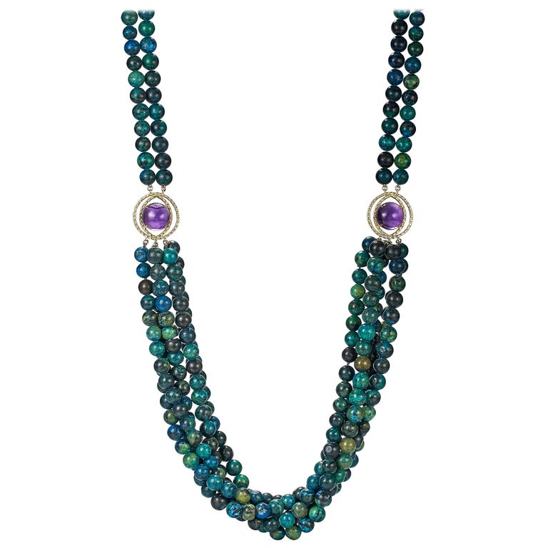Daria de Koning Long Amethyst Cabochon, Azure-Malachite Bead Necklace ...
