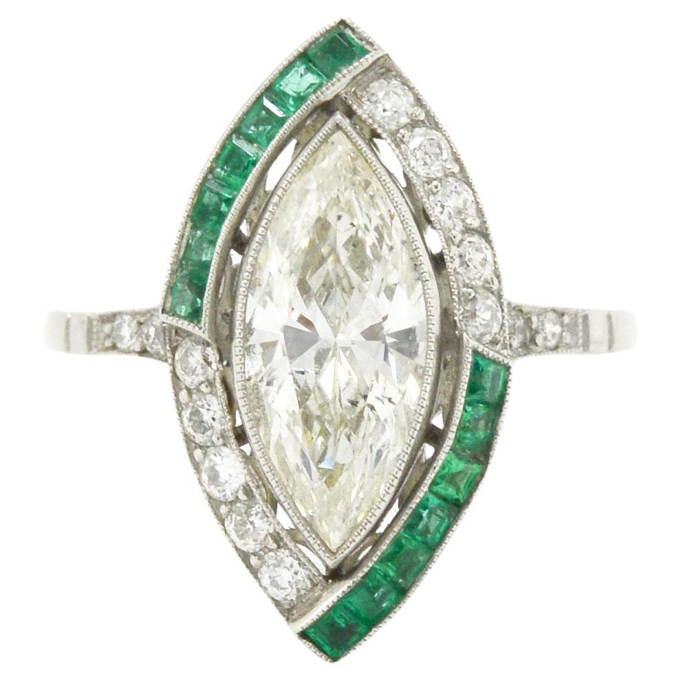 Daring Art Deco Marquise Diamond Emerald Engagement Ring Vintage 1 3/4 ...