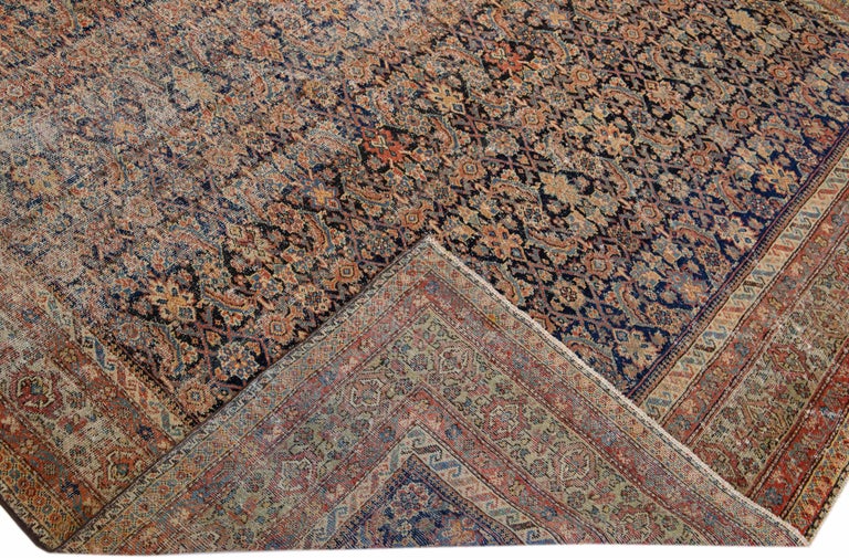 Dark Blue Antique Persian Mahal Handmade Wool Rug with Mina Khani Motif ...