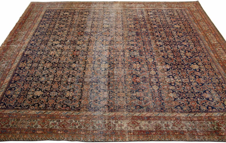 Dark Blue Antique Persian Mahal Handmade Wool Rug with Mina Khani Motif ...