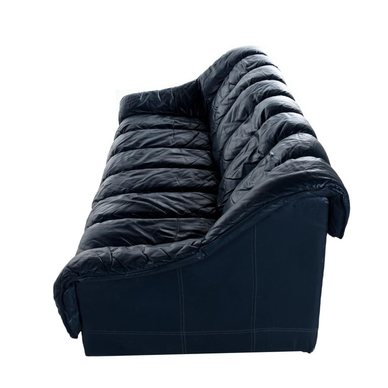 Dark Blue Italian Leather Sofa in the Manner of De Sede at 1stDibs