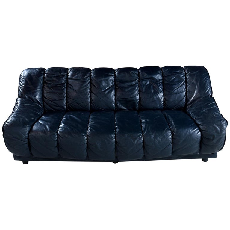 Dark Blue Italian Leather Sofa in the Manner of De Sede at 1stDibs